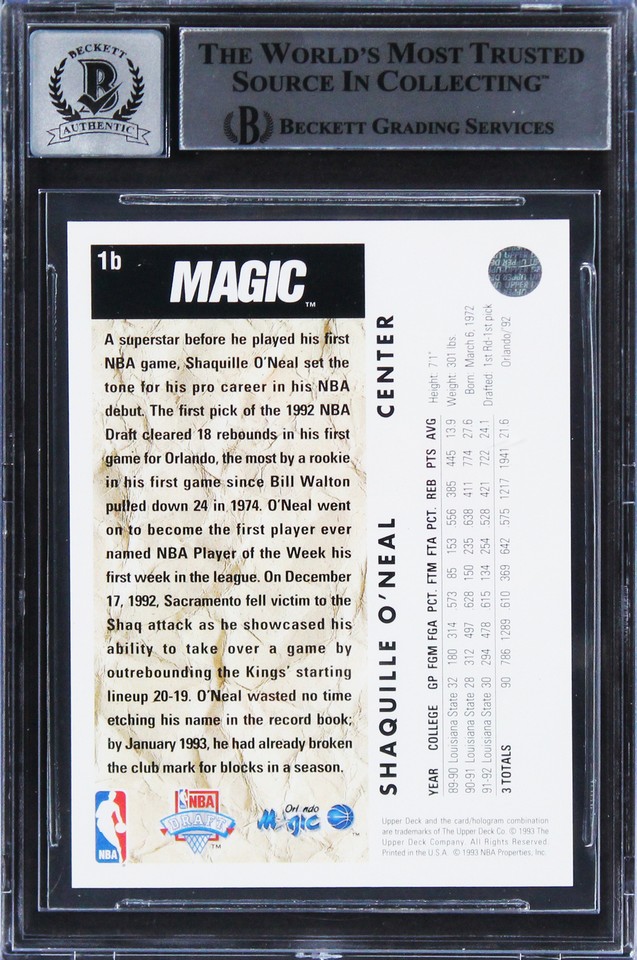 Magic Shaquille O'Neal Signed 1992 Upper Deck #1B Rookie Card Auto 10 ...