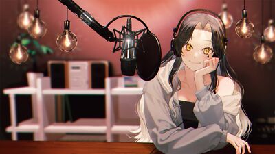 Anime girls microphone women indoors yellow eyes Playmat Game Mat Desk ...