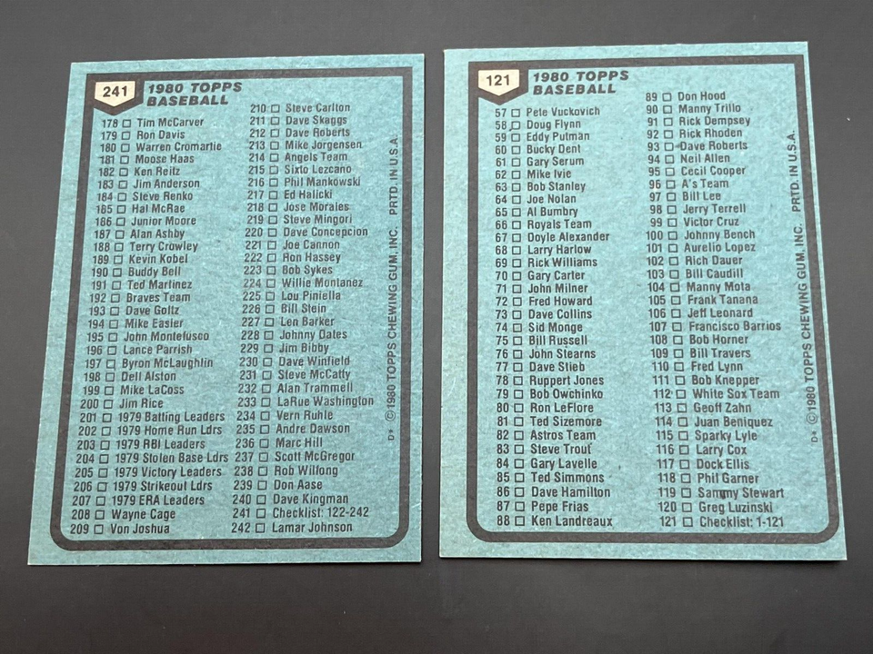 1980 Topps Checklist: #121 1-121 & #241 122-242 Baseball Card | eBay