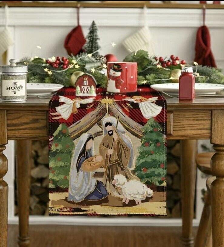 Table Runner Nativity Manger Christmas Scene Red And Black Buffalo ...