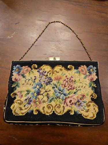 Vintage Floral Handbag Purse Petit Point Embroidered & Compact Mirror ...