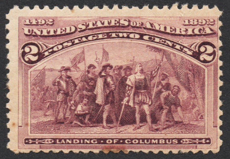 US Sc# 231c *MINT OG H* { "BROKEN HAT VAR } 2c LANDING OF COLUMBUS FROM ...
