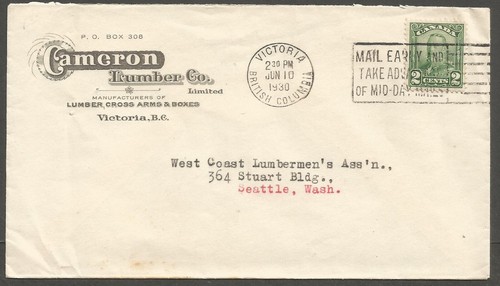 1930 Cameron Lumber Advertising Cover 2c Scroll Slogan Victoria BC to ...