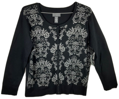 Covington Cardigan Sweater Black Silver Floral Size Large Cat Eye ...