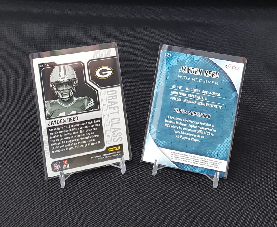 2 ROOKIE CARD LOT! Jayden Reed Packers '23 Panini Con. '23 Sage ...