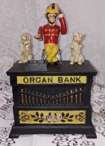 MECHANICAL ORGAN BANK CAST IRON MONKEY DOG CAT KYSER & REX 1882 | eBay