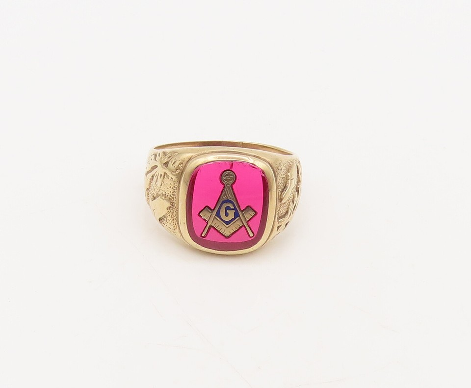A & C 10K GOLD Vintage Red Stone Freemason Symbols Antique Ring Sz 11 ...