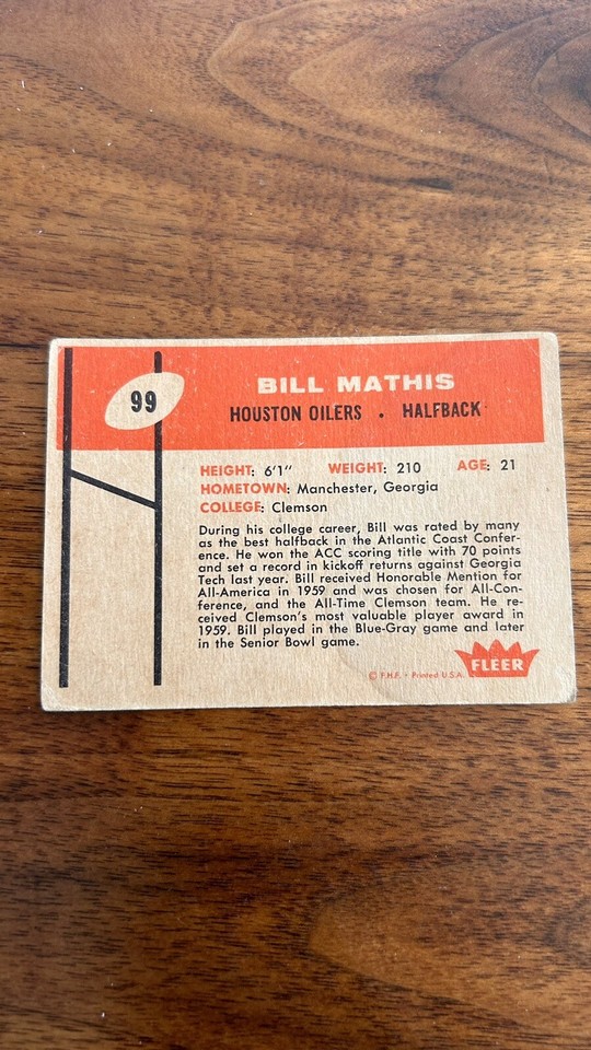 Bill Mathis 1960 Fleer Rookie Card #99 Houston Oilers | eBay