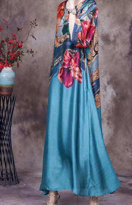 Womens Silk Print Floral Maxi Dress Kaftan Round Neck Loose Robe New ...