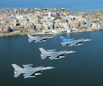 4 F-16C Fighting Falcons Jets Flying over Madison Wisconsin Photo ...