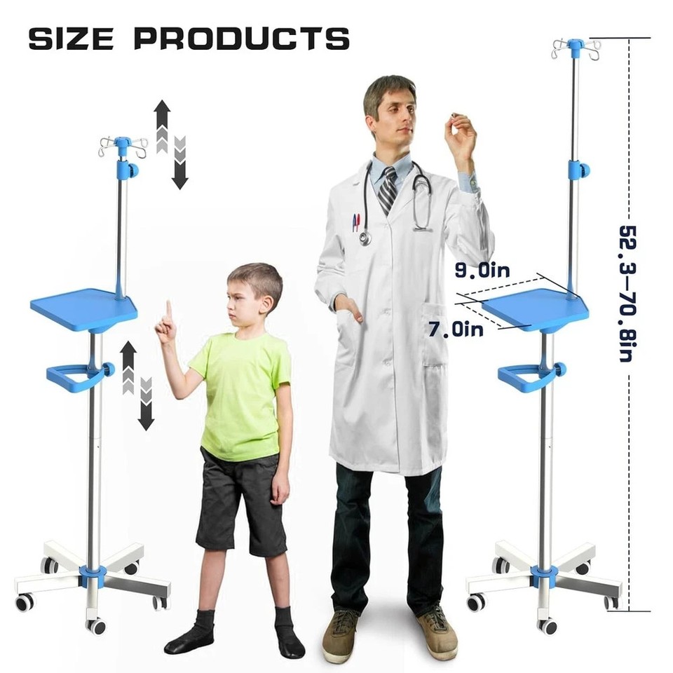 IV Pole with Wheels Medical Portable IV Stand with 4 Hooks and Tray, 52 ...