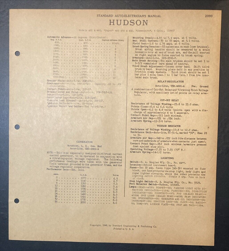 1948 Hudson Models 481 491 Super & 482 492 Commodore Auto Electrical ...