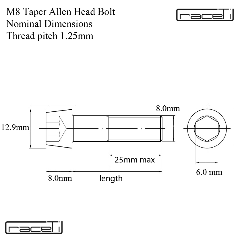 M8 Titanium Taper Cone Allen Head Bolt 20 25 30 35 40 45 50 55 mm Ti ...