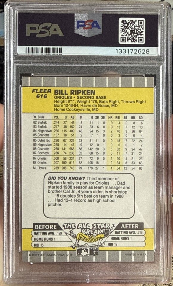 1989 Fleer Bill Ripken FF Error PSA 10 RC Rookie Baltimore Orioles #616 ...