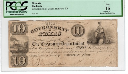 TX CR-H17A 1838-39 $10 Texas Paper Money - PCGS-C Fine 15 - nice trim ...