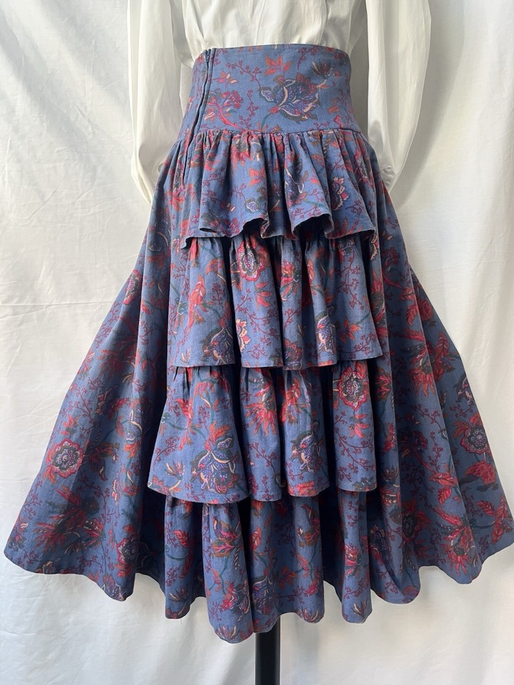 Laura Ashley Vintage High Waisted Blue Floral Tiered Gypsy Bustle Skirt ...