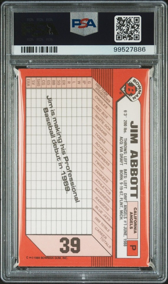 1989 Bowman TIFFANY Jim Abbott SIGNED #39 RC Rookie Card PSA 10 ...