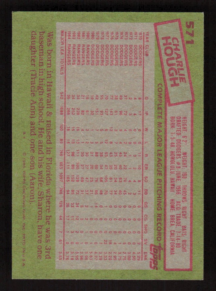 1985 Topps #571 Charlie Hough Texas Rangers | eBay