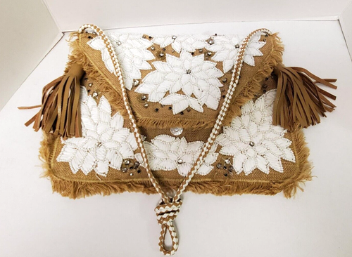 ibBan Anthropologie Straw Woven Burlap White Floral Beaded Rhinestones ...