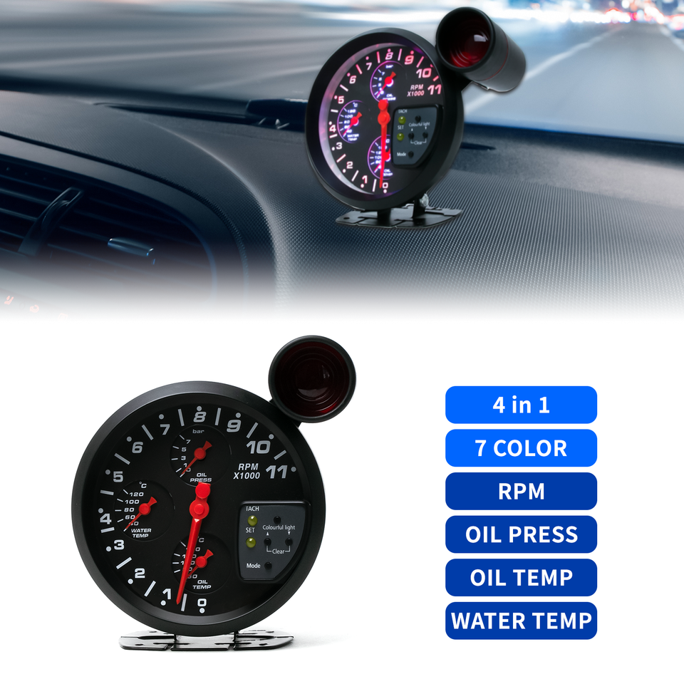 5" 4In1 Tachometer Gauge Water / Oil Temp Pressure 7 Color Backlit w ...