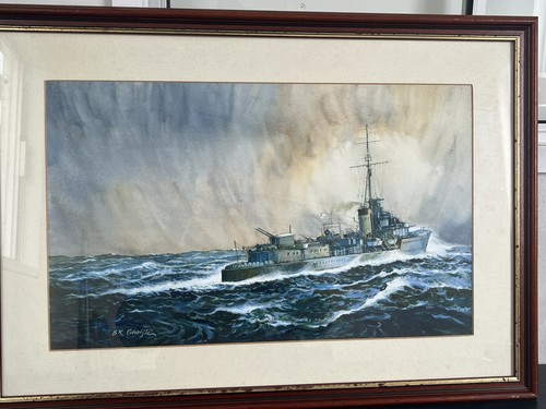 Vintage Large Water colour painting Of Navy Ship In Heavy Sea By Brian ...