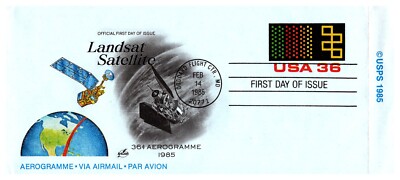 USPS #UC58 US AEROGRAMME FDC 1985 Goddard Flight MD Landsat Satellite ...