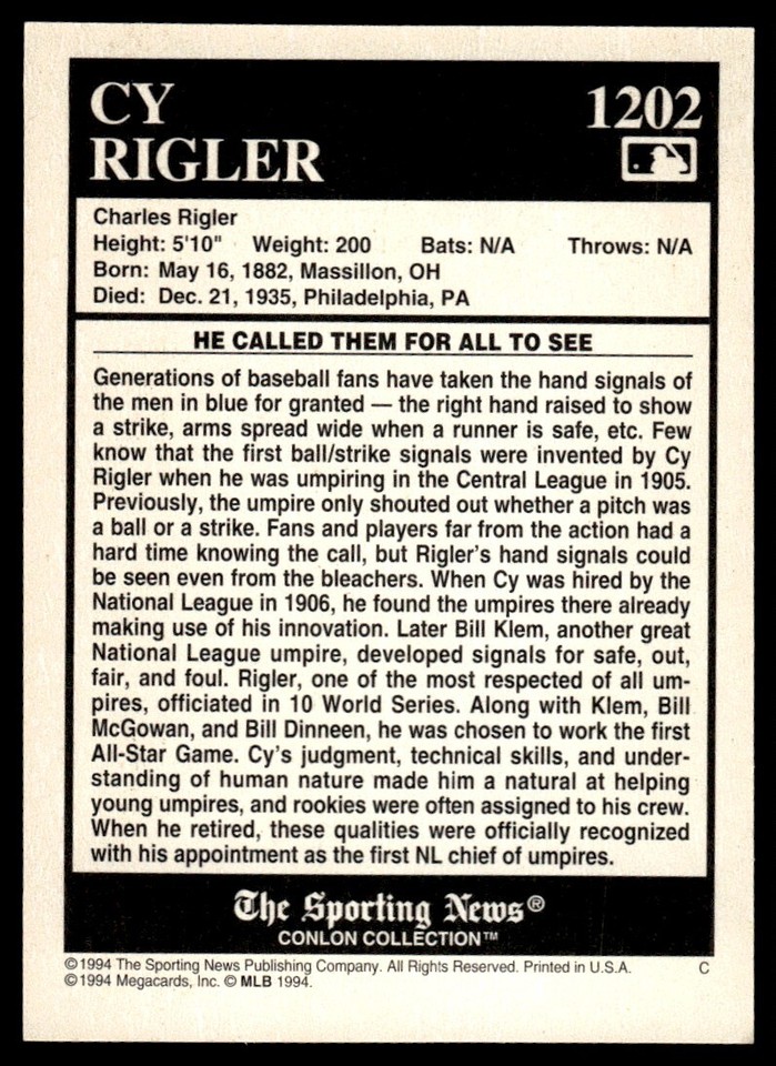 1994 Conlon Collection TSN Burgundy Baseball Cy Rigler Umpire #1202 | eBay