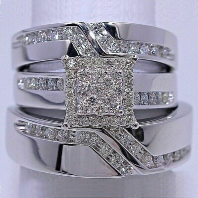 2Ct Cut Lab Created Round Diamond Wedding Trio Ring Set 14K White Gold ...