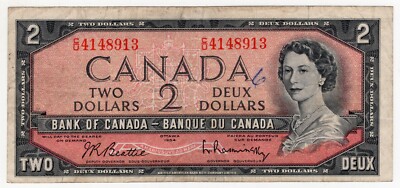 1954 CANADA 2 DOLLAR BILL BANKNOTE C/U 4148913 ELIZABETH II | eBay