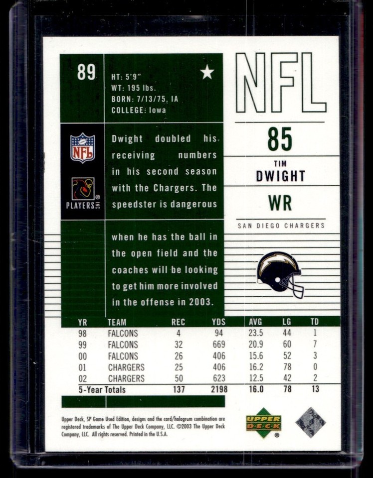 2003 SP Game Used Autograph Tim Dwight Auto San Diego Chargers #89 | eBay