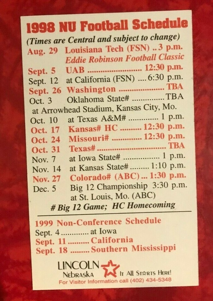 1998 NEBRASKA HUSKERS FOOTBALL POCKET SCHEDULE JOEL MAKOVICKA | eBay