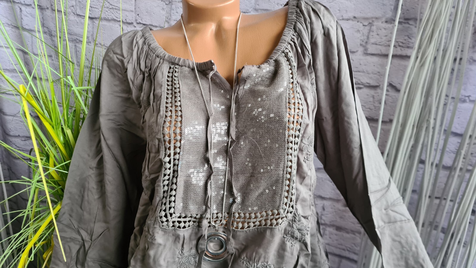 Heine Bluse Shirt Tunika Damen taupe Ton mit Stickerei und Pailletten ...