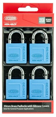 LOCKWOOD ASSA ABLOY 4 PACK 30MM BRASS PADLOCKS WITH SILICONE COVER ...