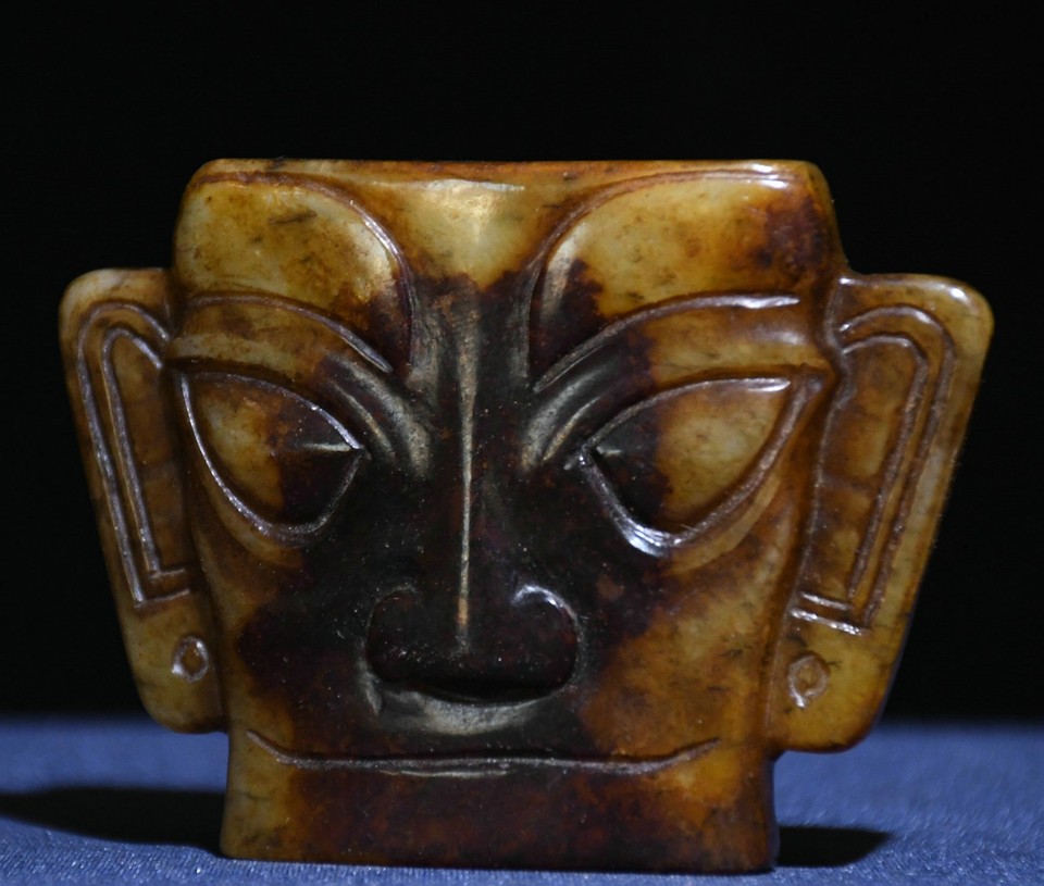 3" Old Chinese Hetian Jade Carving Sanxingdui People Human Face Statue ...