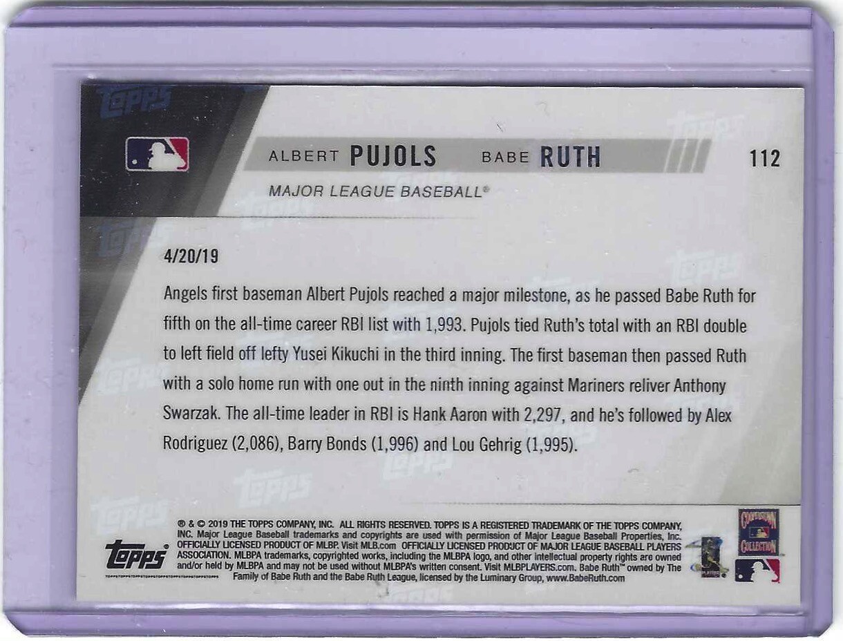 ALBERT PUJOLS - BABE RUTH - 2019 TOPPS NOW CARD #112 PASSES RUTH MOST ...