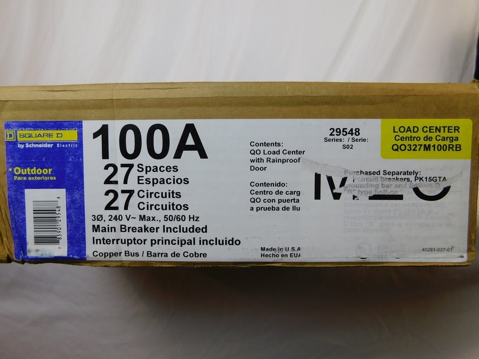 SQUARE D 100AMP PANELBOARD 27 SPACE 3P 240V MAX LOAD CENTER QO327M100RB ...