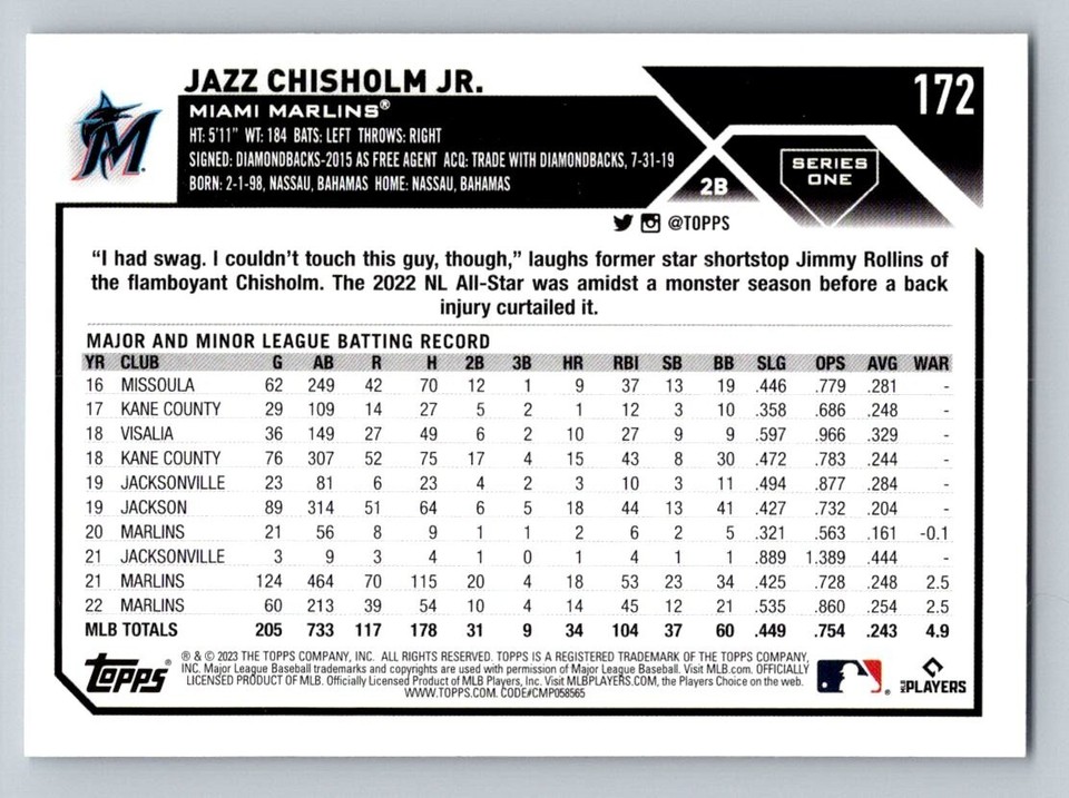 2023 Topps Jazz Chisholm Jr. #172 Miami Marlins | eBay