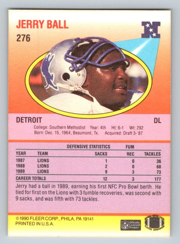 1990 Fleer #276 Jerry Ball Detroit Lions Football Card | eBay