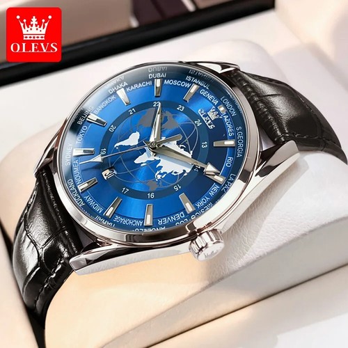 OLEVS Luxury 39mm Globe Men's Quartz Leather 30M Waterproof Dive ...