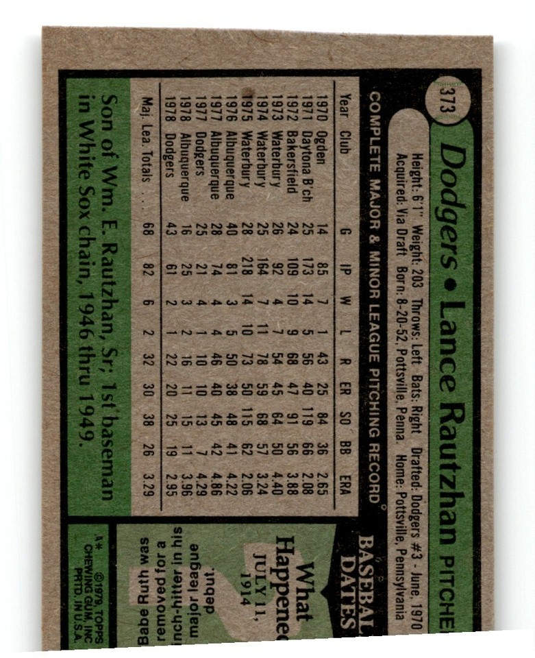 1979 TOPPS LANCE RAUTZHAN LOS ANGELES DODGERS #373 | eBay
