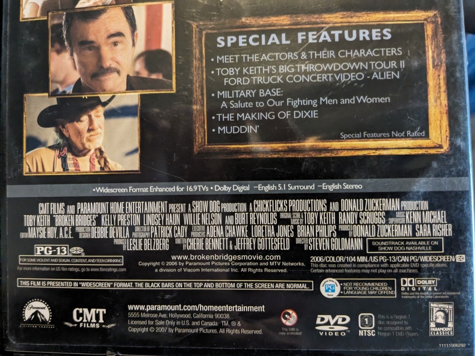 BROKEN BRIDGES (DVD) Toby Keith Kelly Preston Wille Nelson Burt ...