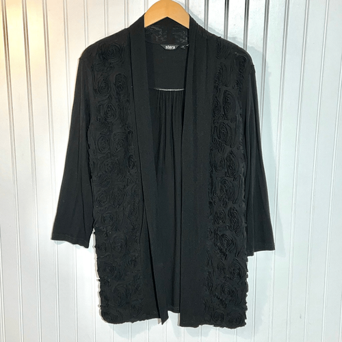 Stera Boutique Open Front Top/Jacket Women’s Large Black Ruffled Floral ...