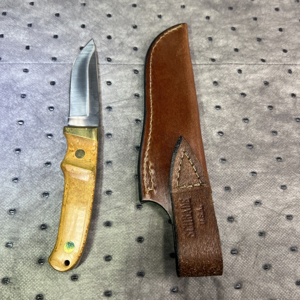 SCHRADE PH1 PRO HUNTER Maple Handle 3.5" FIXED BLADE LEATHER SHEATH USA ...