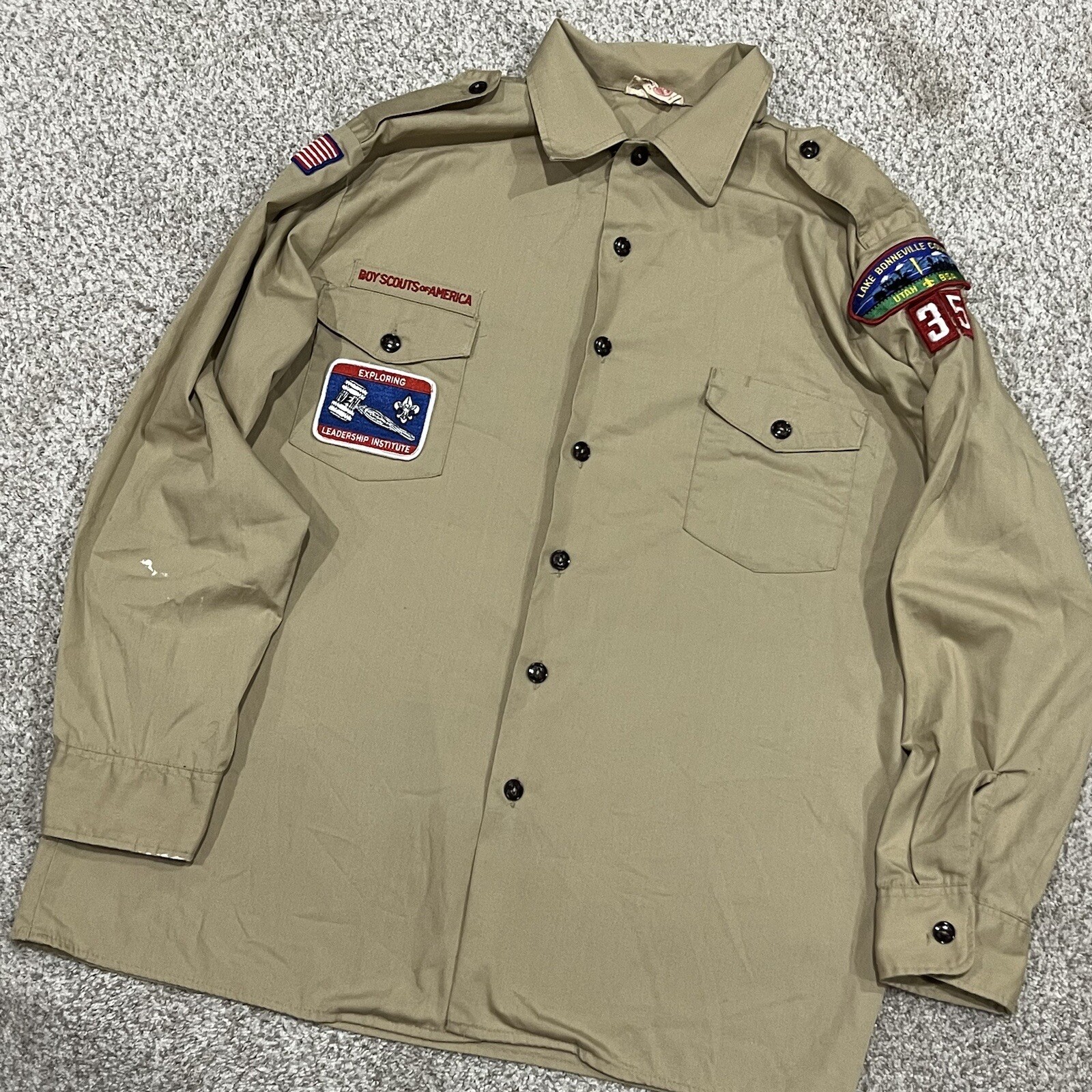 BOY SCOUTS Of America Shirt Large Tan Uniform BSA Scout Poly Blend USA ...