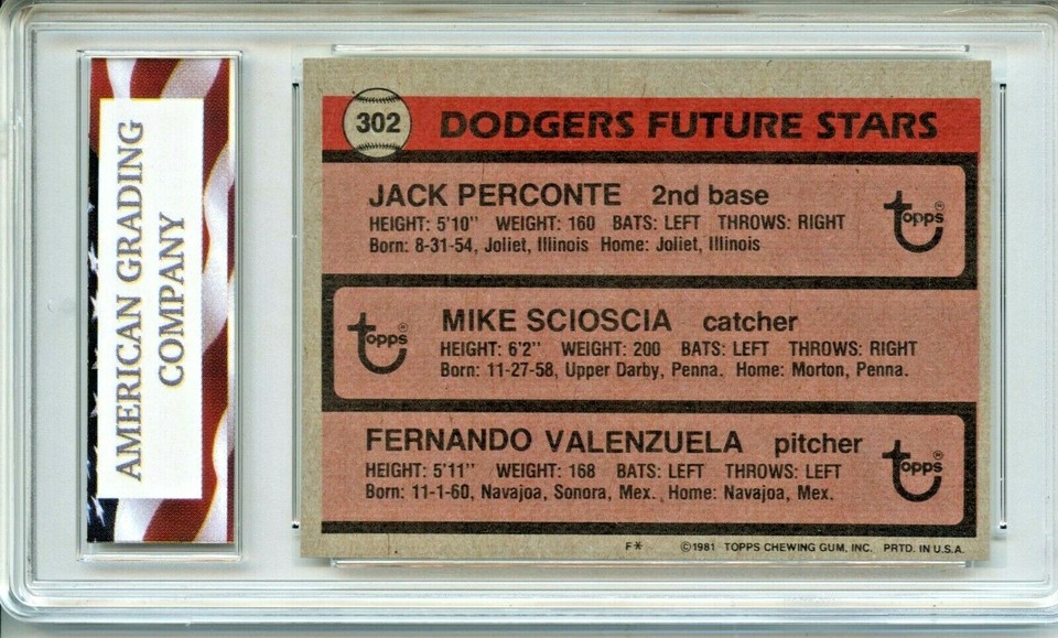 1981 Topps #302 Fernando Valenzuela Rookie Card AGC 10 Gem Mint LA ...