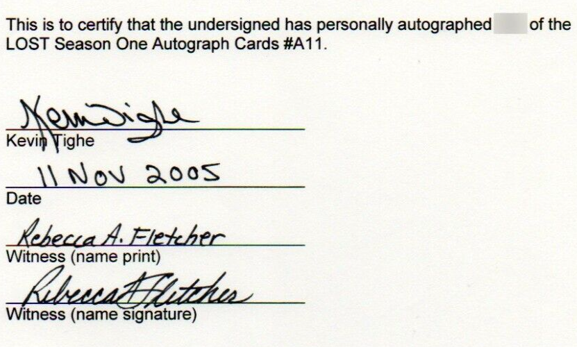 Signed Contract KEVIN TIGHE Inkworks AUTOGRAPH Card Certification LOST ...