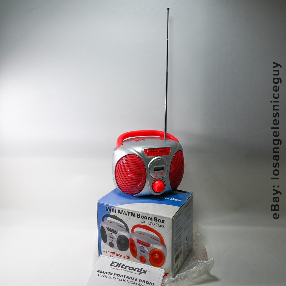 Portable MINI BOOM BOX RED/SILVER AM/FM Radio with Digital Clock NEW ...