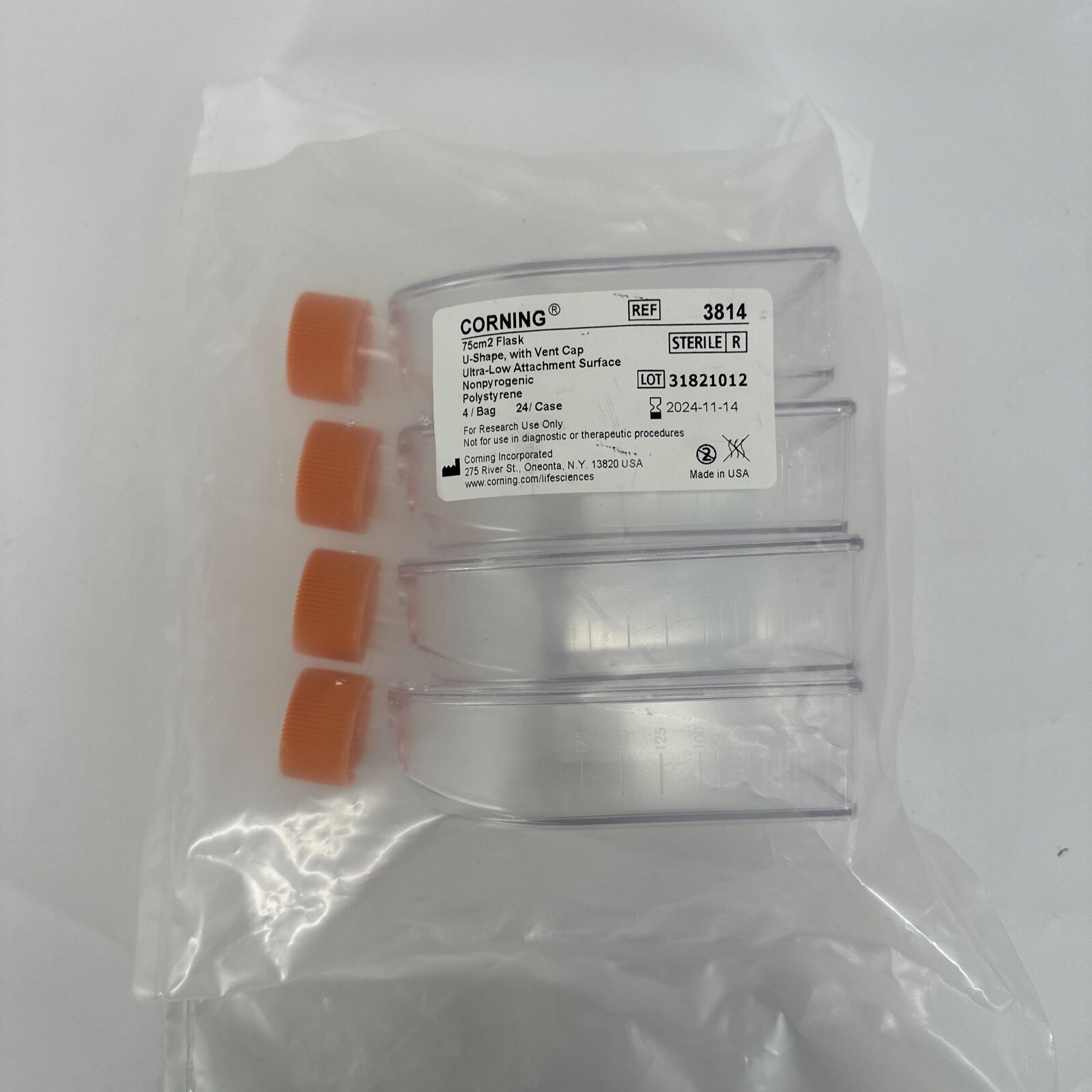 4 PACK Corning 3814 75cm2 U-Flask Canted Neck Cell Culture Vent Cap | eBay