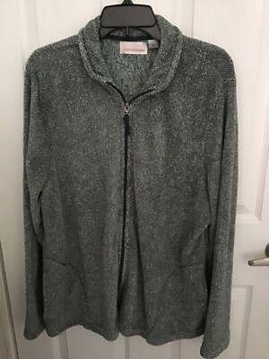 Stan Herman Green Fuzzy Fleece Sherpa Full Zip Sweater Jacket Women's ...