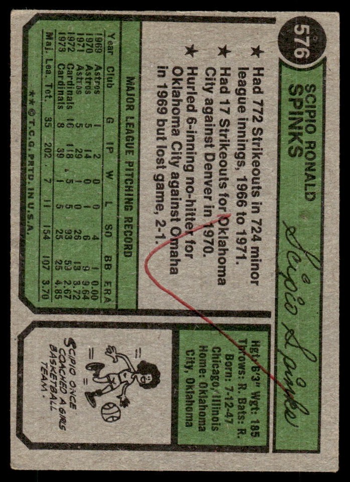 1974 Topps Scipio Spinks #576 St. Louis Cardinals Baseball Card | eBay